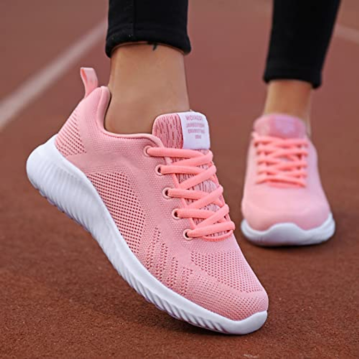 Women's Breathable Sneakers Fashion Solid Color Lace-up Steel Toe Running Shoes Lightweight Soft Sole Athletic Tennis Shoes Pink