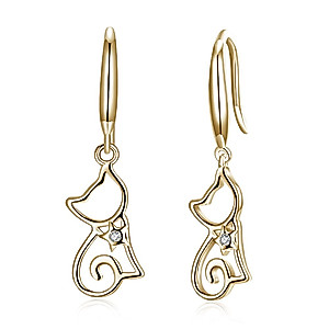 New Cat CZ Dangle Drop Earrings for Women Teen Girls Crystal Cute Dangling Hypoallergenic (Gold)