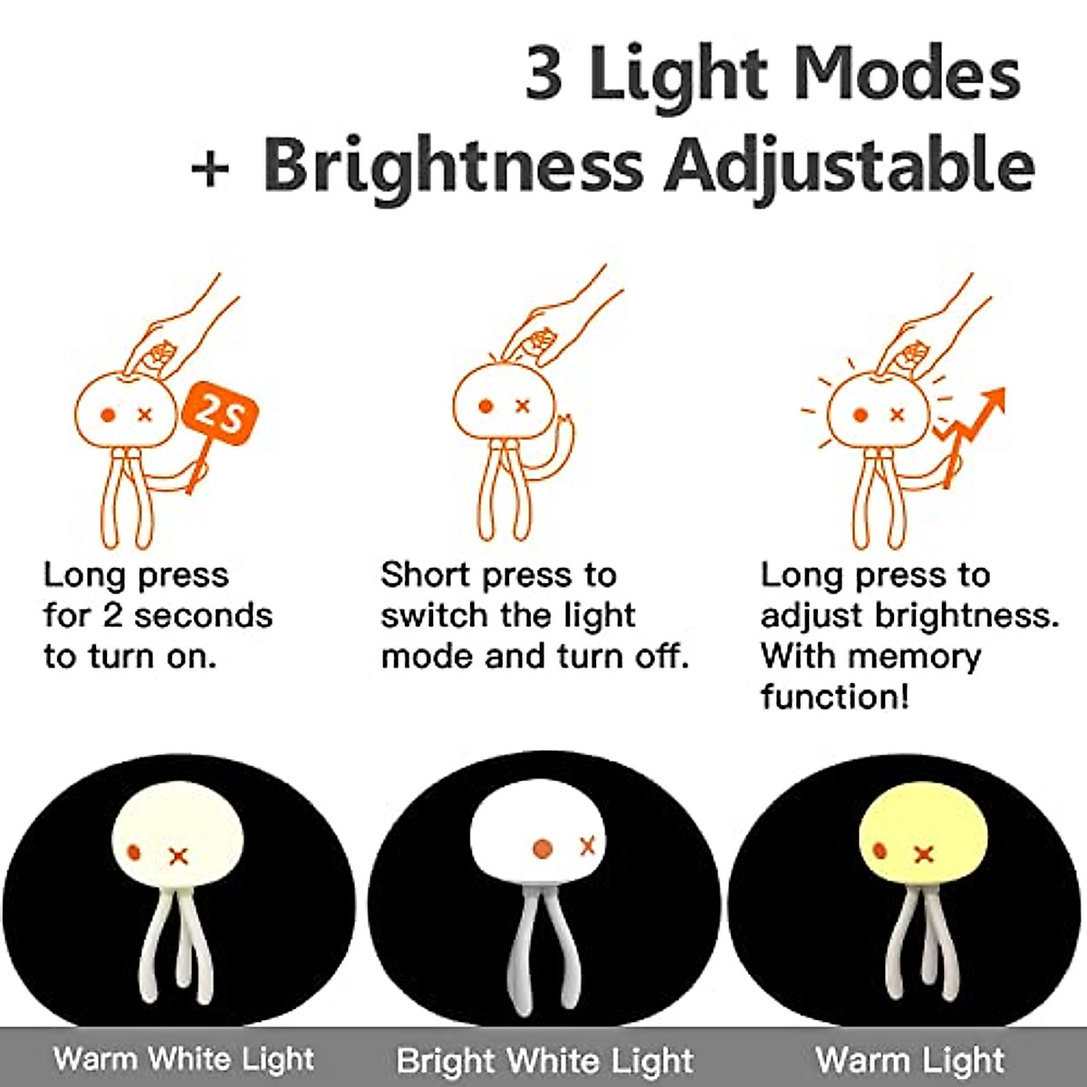 Night Light for Kids, TRELC Cute Night Light for Baby Toddler Girls Boys Birthday Gifts Room Decor, USB Rechargeable Nursery Led Lamp, 40 Hrs Working Time Jellyfish Bedside Lamp - 3 Light Mode (White)