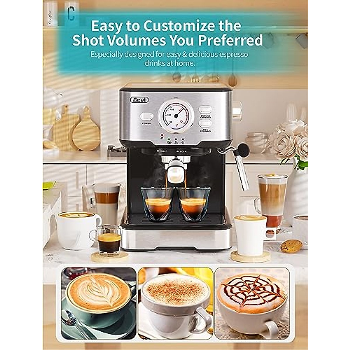 Gevi Espresso Machine, Espresso Maker with Milk Frother Steam Wand, Compact Espresso Super Automatic Espresso Machines for home with 34oz Removable Water Tank for Cappuccino, Latte