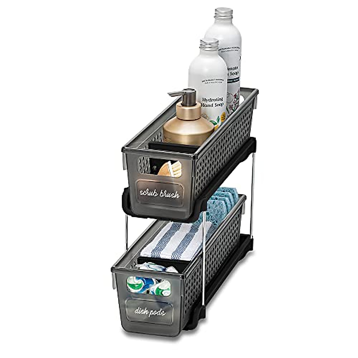 madesmart Premium Antimicrobial 2-Tier Mini Organizer Multi-Purpose Slide-Out Storage with Handles and Dividers for Home and Bath, Pack of 1, Carbon