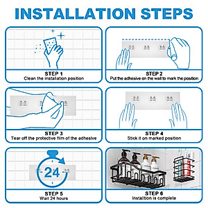 kitims Adhesive Shower Caddy, 5 Pack Shower Organizer Hanging with Large Capacity Stainless Steel Shower Organizers and Storage Rustproof Shower Shelf for Inside Shower, No Drilling, Black