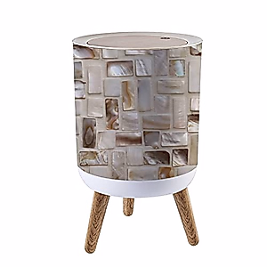 IBPNKFAZ89 Small Trash Can with Lid Closeup Photo of Mother of Pearl Tiles Garbage Bin Wood Waste Bin Press Cover Round Wastebasket for Bathroom Bedroom Kitchen 7L/1.8 Gallon