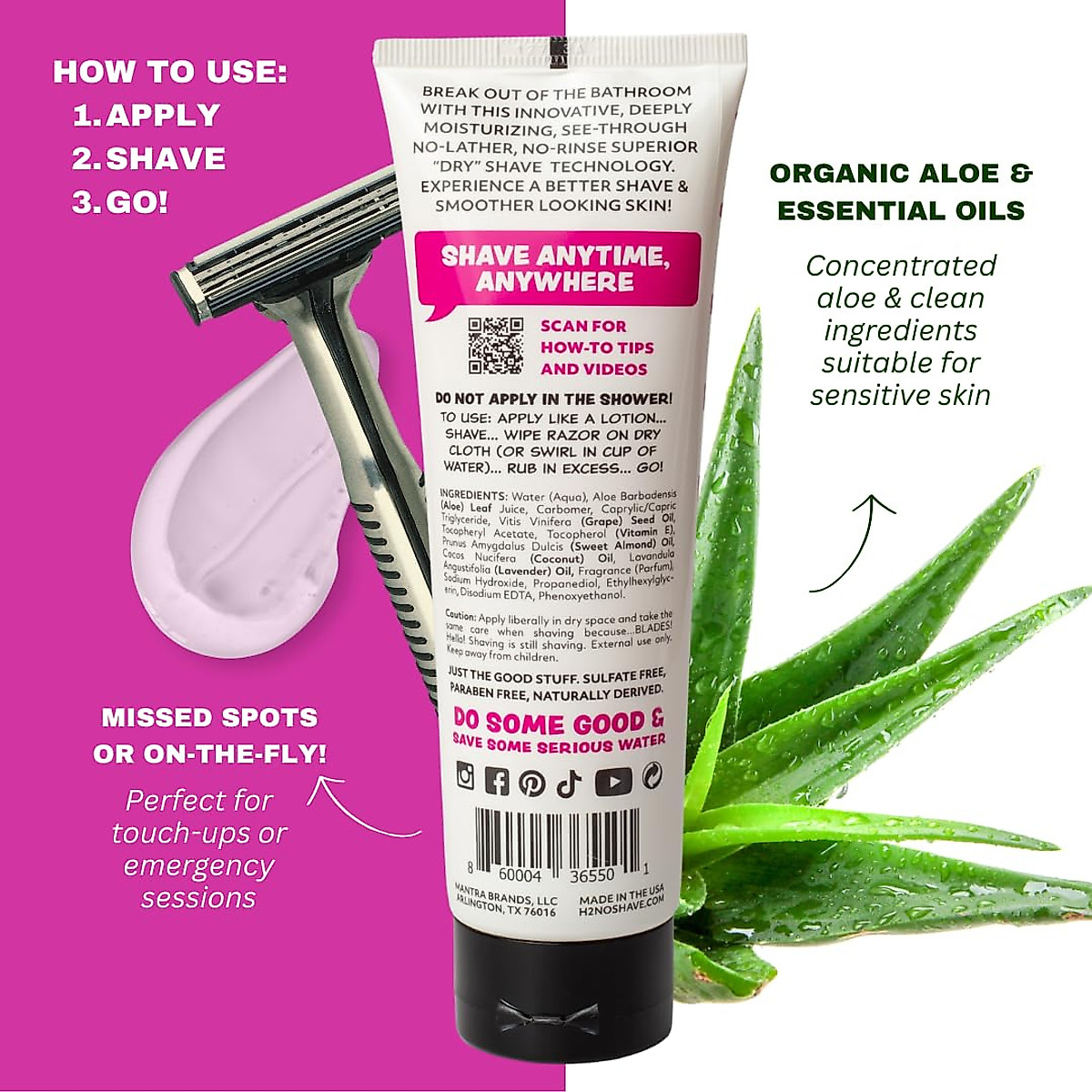 H2NO Lavender Rush Dry-Apply Shave Gel 3.4oz TSA Friendly | Waterless Shave Gel | NO RAZOR BURN | Electric Razor Approved | Shave on the go