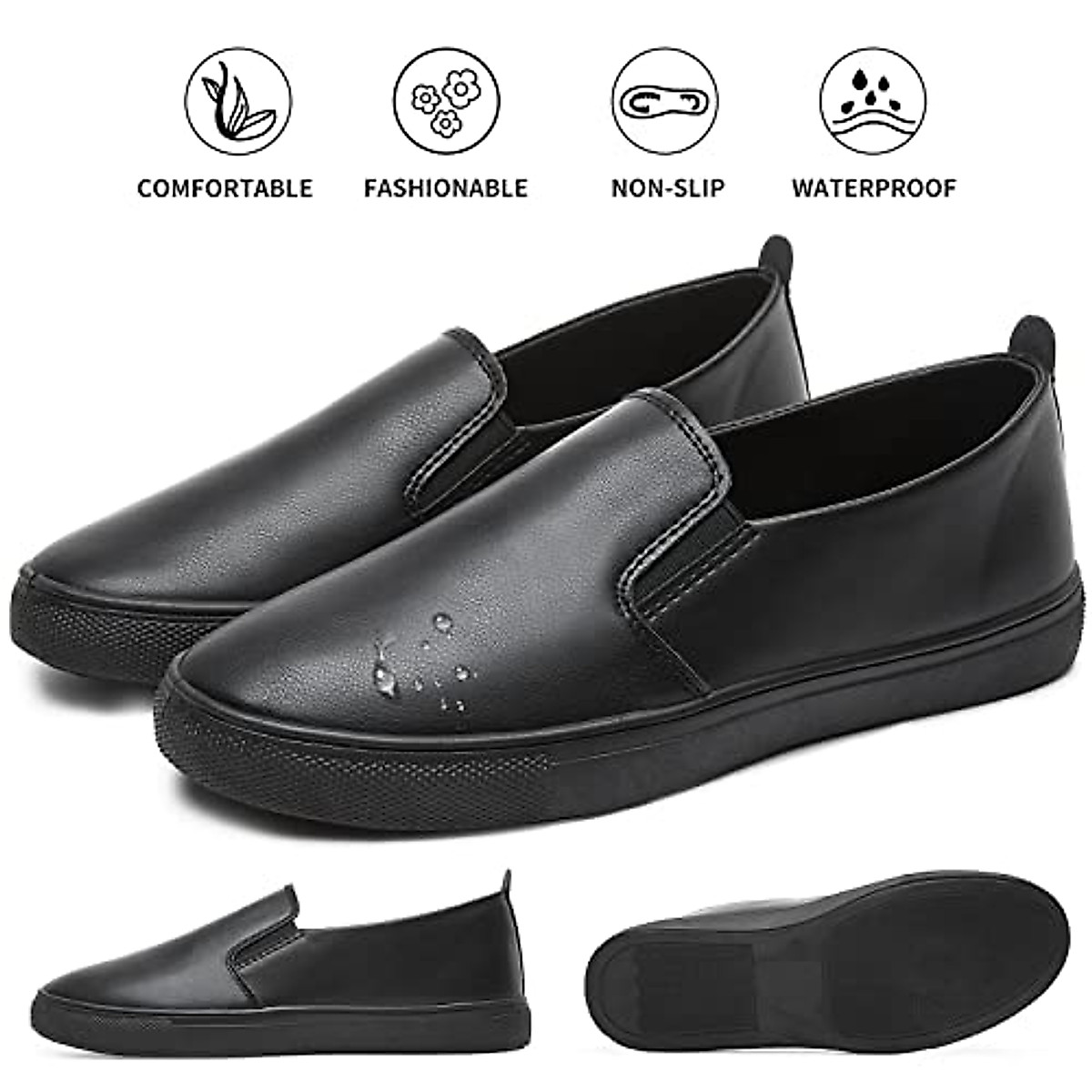 hash bubbie Womens White PU Leather Sneakers Low Top Tennis Shoes Casual Walking Shoes（Full Black.US7）