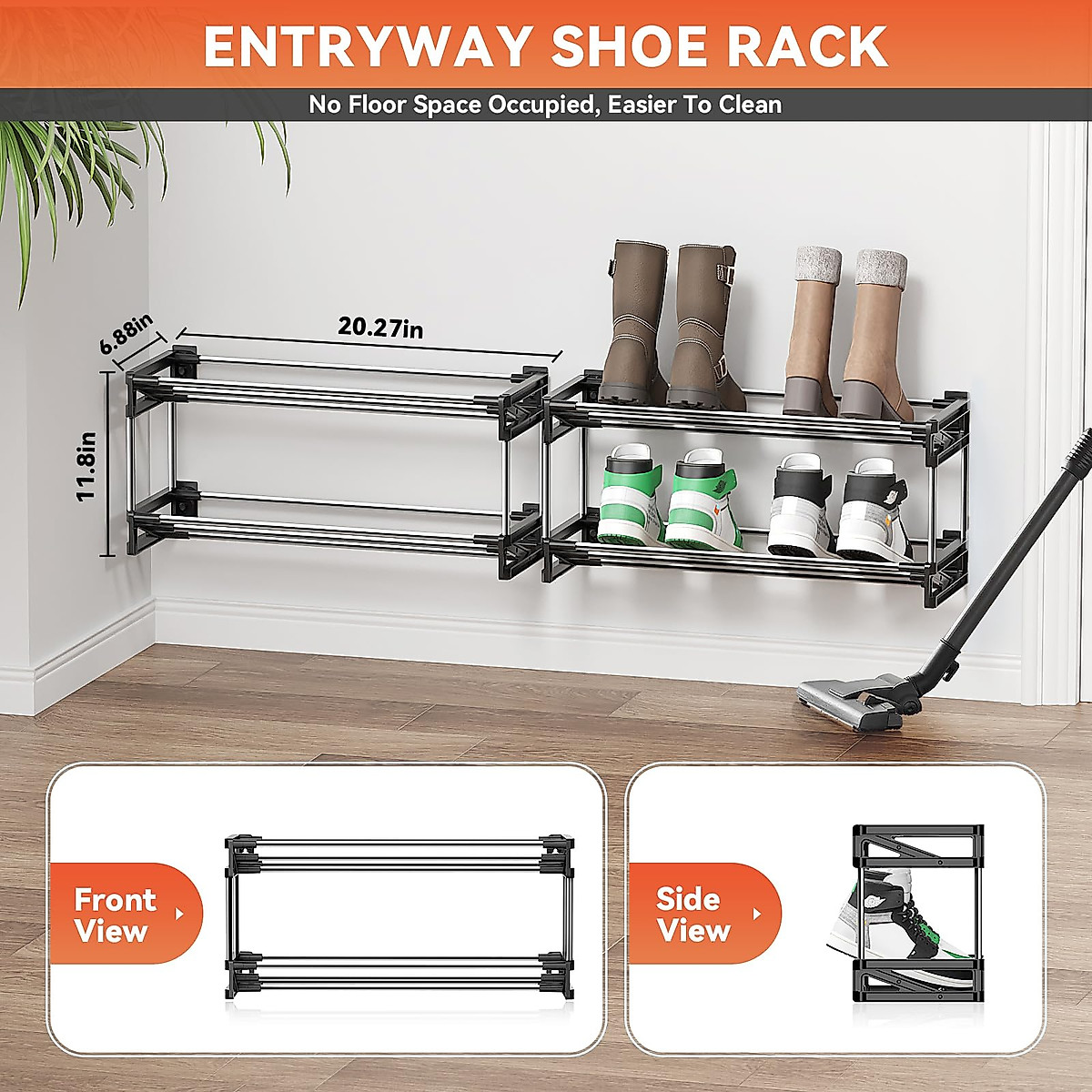DEYILIAN Small Shoe Rack, 2 Tier Narrow Shoe Rack with Hook and Loop Sticky Adhesive Strips Wall Mounted Shoe Rack, Slim Shoe Rack Space Saving Design Behind the Door Wall Shoe Organizer for RV Closet