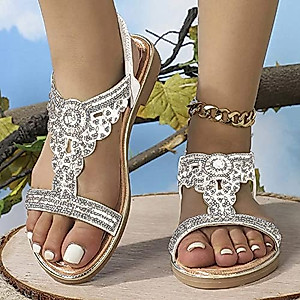 Women Rhinestone Sandals Summer Casual Beach Sandals T-Strap Buckle Bohemian Pearl Crystal Flat Sandals (Silver, 8)