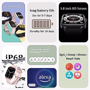 Smart Watch for Women Men - Answer & Make Calls, Alexa Build-in, Blood Oxygen (SpO2) 1.8 inch HD Screen iP68 Waterproof, Heart Rate Sleep Monitor, Fitness Tracker Compatible with Android and iOS Phone
