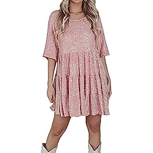 Cnebo A Line Dresses for Women Wedding Guest Ladies Sequin Sequins Round Neck Short Sleeves Big Swing Cute Dress Red