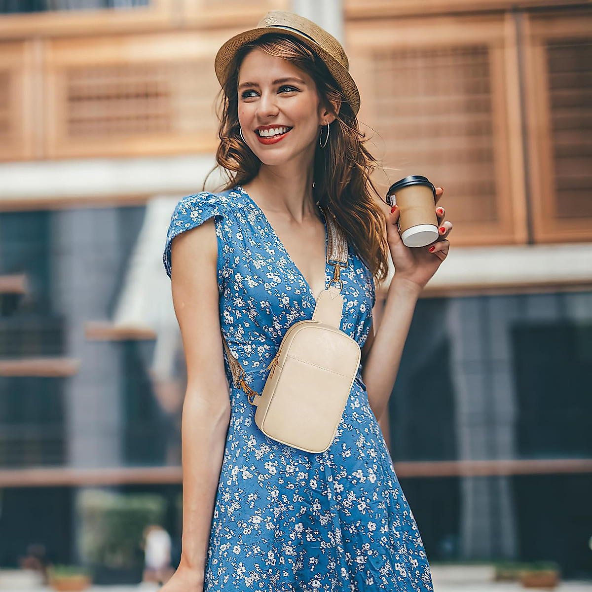 MoKo Vegan Leather Sling Bag - Small Trendy Casual Adjustable Detachable Shoulder Strap Crossbody Bags for Women and Men Daily Hiking Travel, Beige