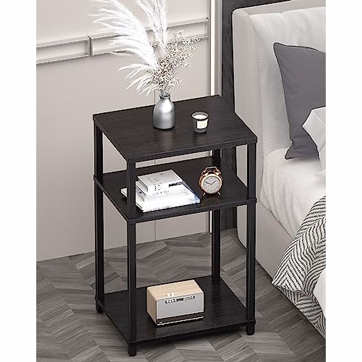 WOODYNLUX Nightstand Side Table, End Table with Shelves, Tall Bedside Table, Night Stand Accent Table for Living Room, Bedroom, Black.