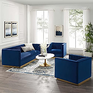 Modway Sanguine 3 Piece Vertical Channel Tufted Upholstered Performance Velvet Set, Navy