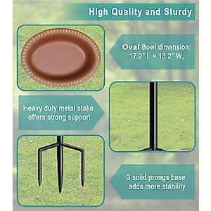 Garbuildman Extra-Large Freestanding Birdbaths Bowl, Detachable Decoration Spa with Metal Stake Stand & Birdfeeder for Outdoor Garden, Oval Style, Chocolate
