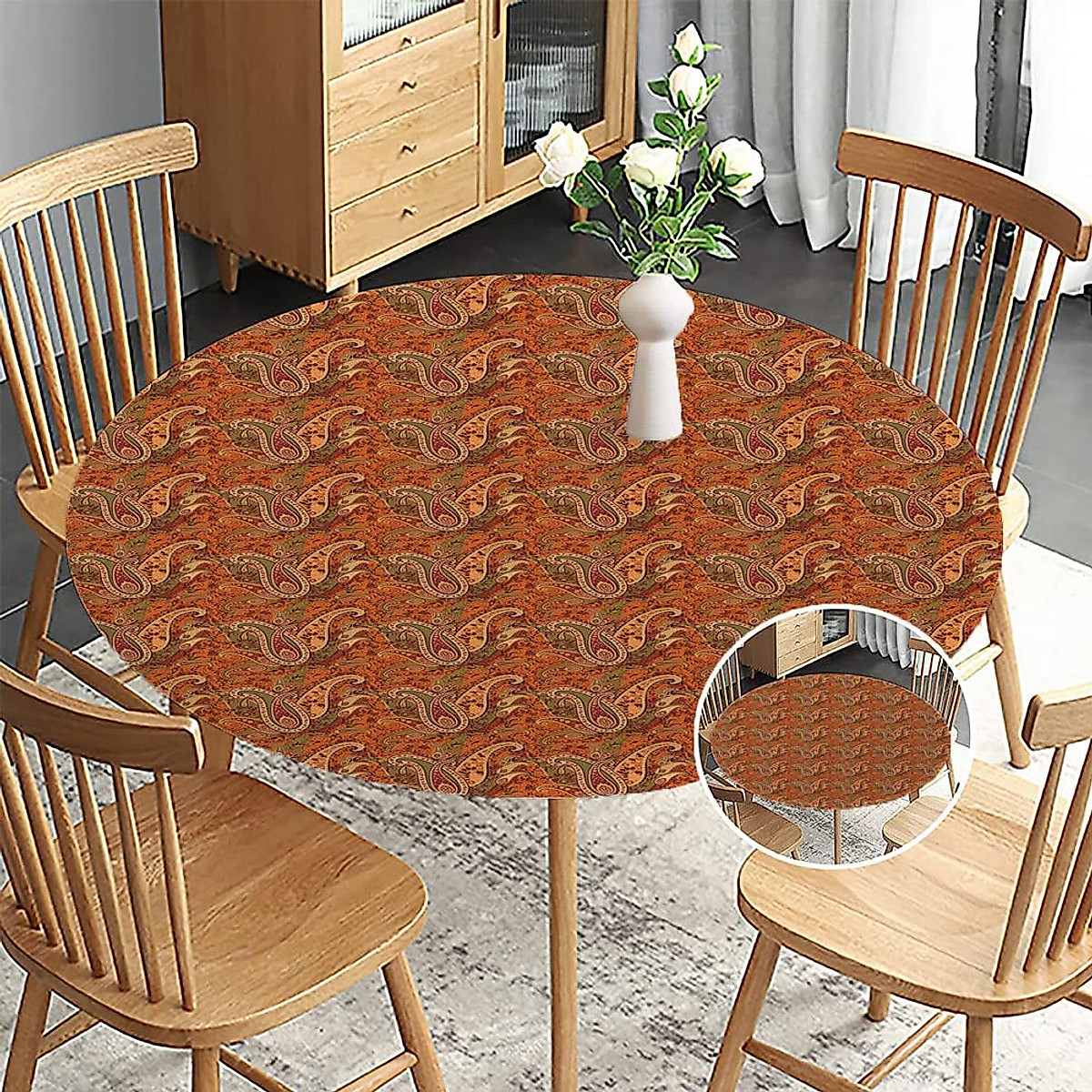 VBTGVE Round Fitted Paisleytablecloth, Paisley Pattern Floral Design with Leaves, Elastic Edge, Suitable for Dining Tables, self-Service Parties and Camping, Fit for 44" Table, Orange Green