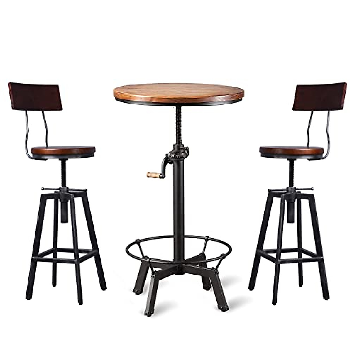 FUBIRUO 3 Piece Industrial Adjustable Bar Table Set, Kitchen Counter Height Dining Table with 2 Stools,Machinist Bar Table and Chairs Set, Bar Height Bistro Table and Swivel Pub Stools Pub Table Set