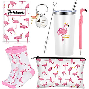 Panitay 6 Pcs Flamingo Gifts Set Pink Flamingo Socks Flamingo Stainless Steel Tumbler Notebook Pen Cosmetic Bag Keychain