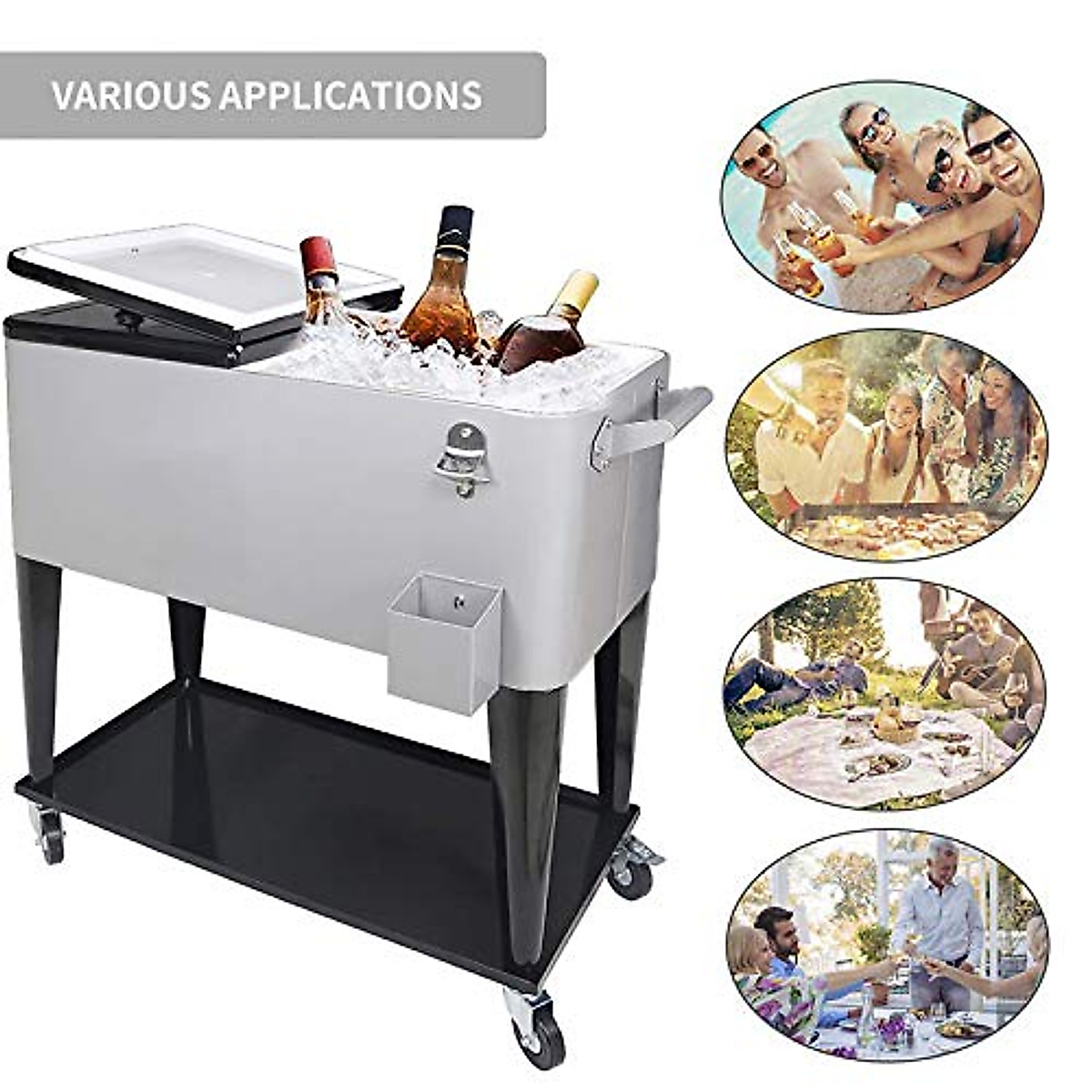 SHAREWIN 80 QT Rolling Cooler Cart Ice Chest for Outdoor Patio Deck Party Portable Party Bar Cold Drink Beverage Cart Tub, Backyard Cooler Trolley on Wheels with Shelf, Bottle Opener Silvery