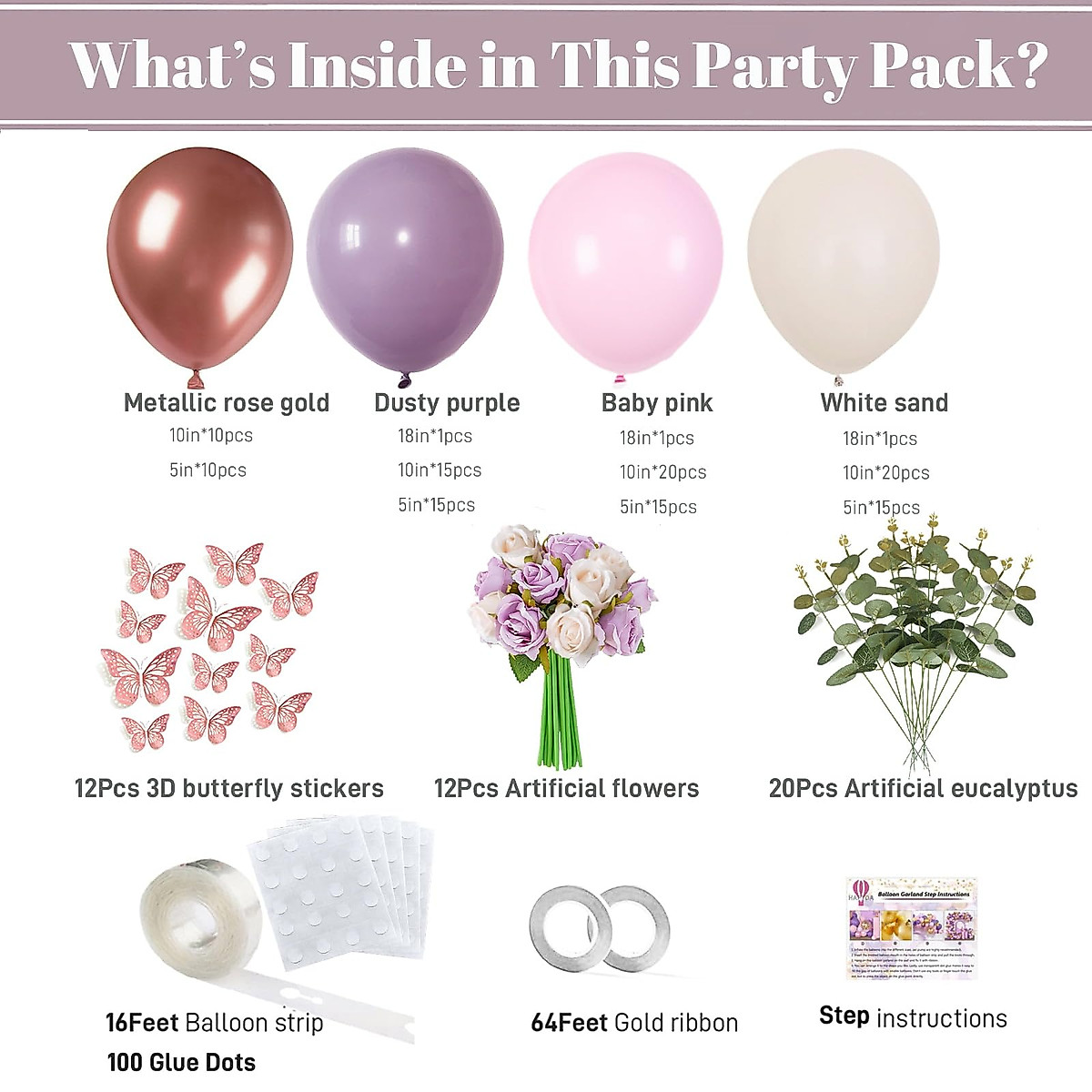 Dusty Lavender Purple Pink Balloon Arch Kit Lilac Sand White Rose Gold Balloons Garland With Artificial Flower and Eucalyptus Leaves Butterfly for Bridal Baby Shower Wedding Birthday Party Decorations