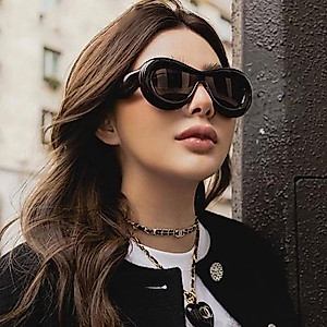 FEISEDY Oversized Inflated Oval Sunglasses for Women Men Fashion Thick Frame Y2K Glasses Funny Aesthetic Shades B9088 (Black, 60MM)