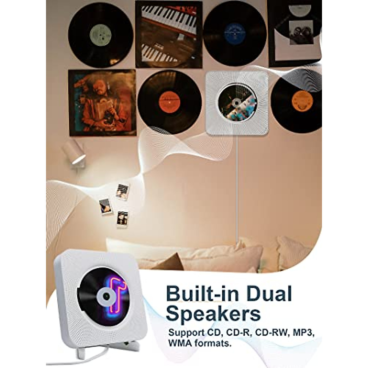 Wall Mountable CD Player - Homlab Bluetooth Desktop CD Player with Speakers, Dust Cover, FM Radio, Anti-Skip Protection, Portable Music Player Home Audio Boombox with LCD Display, Remote, Aux Input