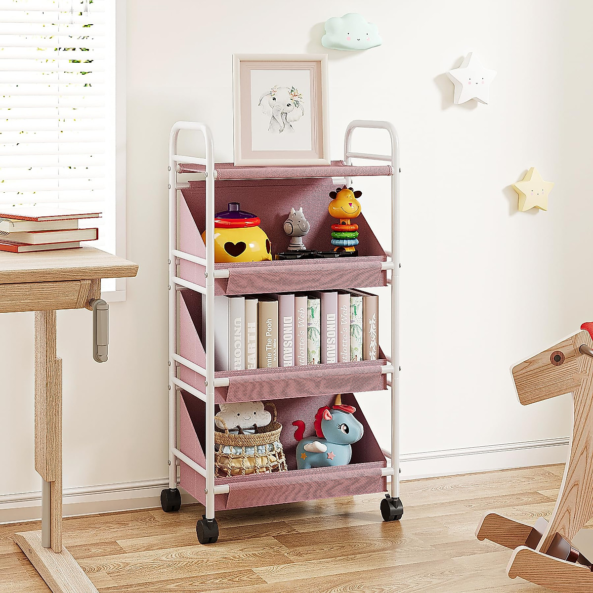 Buzowruil Utility Rolling Fabric Storage Rack Trolley Toy Rack Storage Cart Trolley with 3 Large Storage Boxes，Wheels, Suitable for Bedroom, Living Room, Entryway, Pink