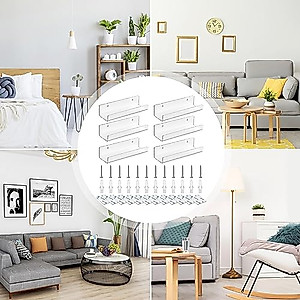 UEMIS Clear Floating Shelf Rack, 6 Pcs Record Wall Mount, Acrylic Wall Ledge Shelves with Screws and Tape,Floating Acrylic Bathroom Shelves, Acrylic Wall Mount Shelf for Store Home Office Apartment.