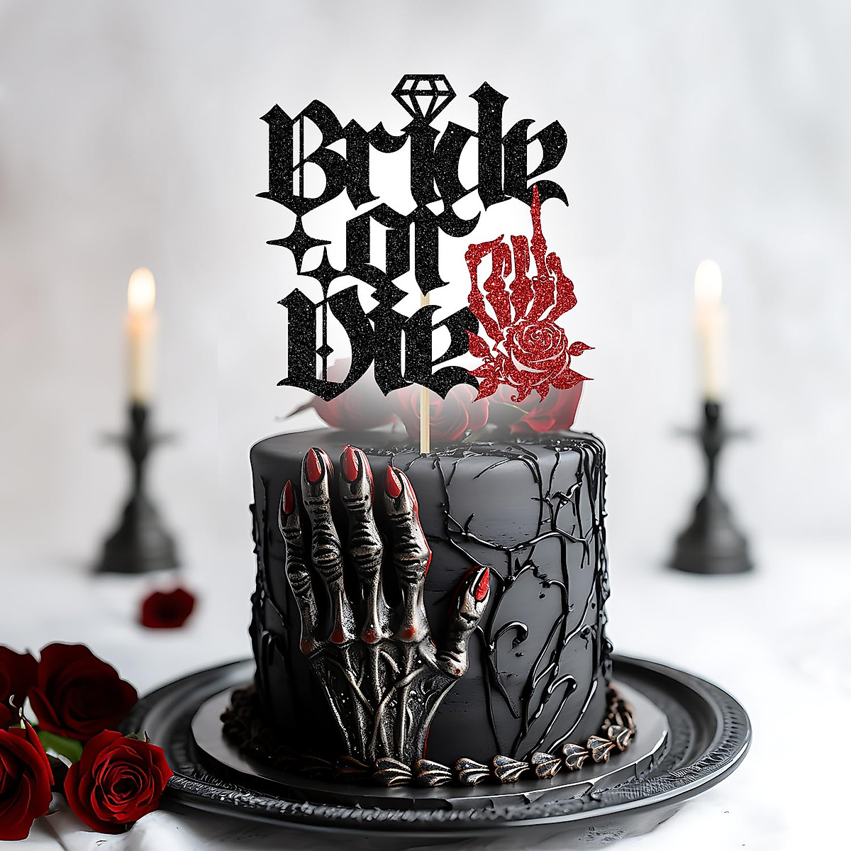 Bride or Die Cake Topper, Till Death Do Us Party, Rip Single Life, Halloween Gothic Wedding Bachelorette Party Decorations, Black and Red Glitter