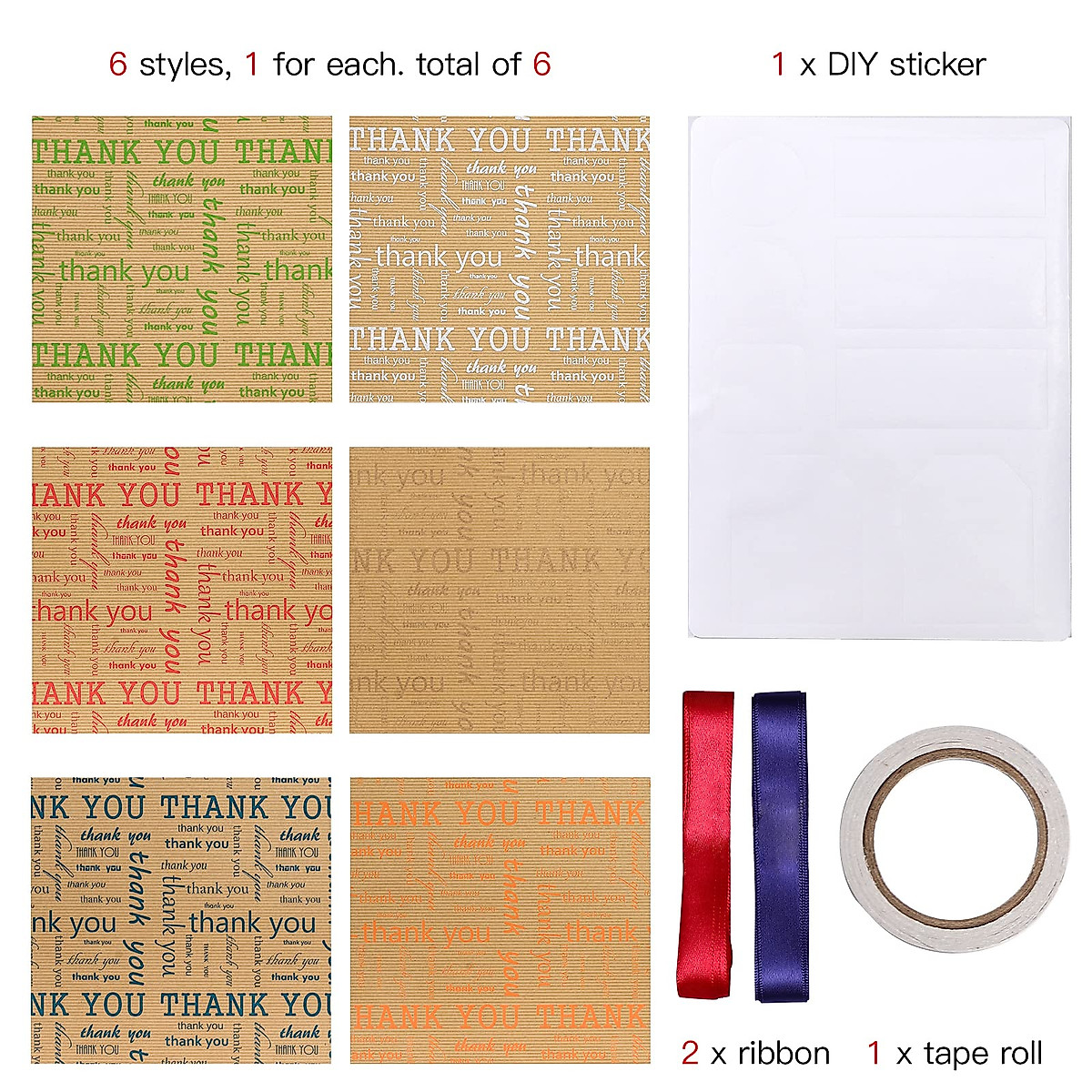 Packanewly Wrapping Paper - 6 Folded Kraft Sheets with DIY Sticker, Ribbon, Tape - Word Thank You Design Gift Wrap Sheet - 19.6 x 27.5 inches per Sheet