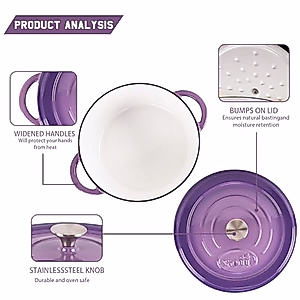 AILIBOO 6 QT Enameled Dutch Oven Pot with Lid-Dual Handles-Oven Safe up to 500° F or on Stovetop Use to Marinate, Cook, Bake, Refrigerate and Serve-Purple Dutch Oven 6 Quart