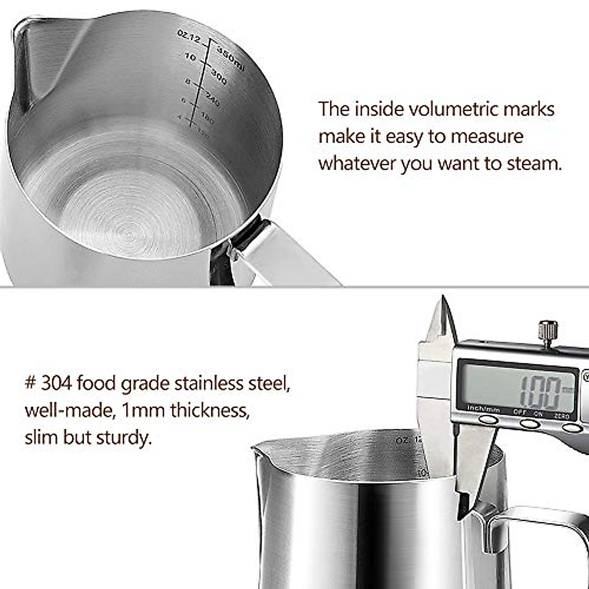 HOOMIL Milk Frothing Pitcher, 12oz/350ml Stainless Steel Steaming Pitcher Barista Milk Frother Cup Jug for Espresso Machine Coffee Cappuccino Latte Art - Silver