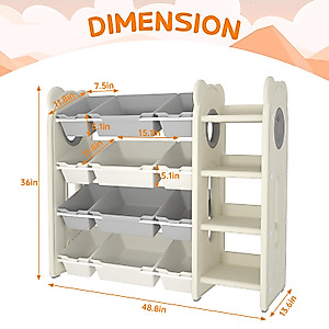 LulliSpace Kids Toy Storage Organizer with 12 Removable Plastic Bins, Modern Toy Organizer Kids Book Rack Storage Bookshelf,Kids and Toddler Toy Storage for Playroom,Daycare and Nursery,4 Tiers