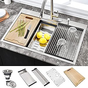 33 Inch Drop In Kitchen Sink Workstation-Hovheir 33x22 Stainless Steel Topmount Double Ledges Workstation Sink 16 Gauge Deep Single Bowl Overmount