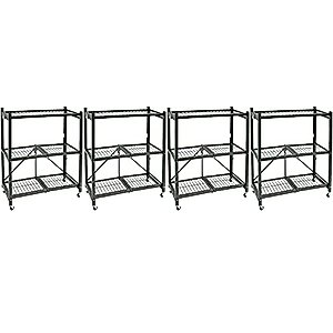 Origami R3 General Purpose Foldable 3-Tiered Shelf Storage Rack with Wheels for Home, Garage, or Office, Pewter (4 Pack)