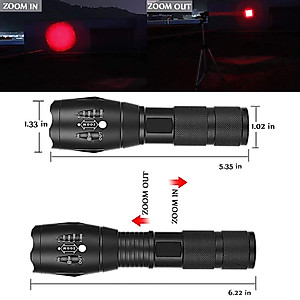 GaiGaiMall Tactical Red LED Flashlight Single Mode Hunting Handheld Flashlight with Zoomable and Waterproof for Astronomy Night Observation etc.