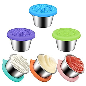 IWITHYOU 6pcs Salad Dressing Container, 3x1.6oz and 3x2.5oz Reusable Stainless Steel Cups with Silicone Lids, Bento Box Condiment Containers for Lunches Kids,Food Storage,Coffee Bean,Picnic,Travel