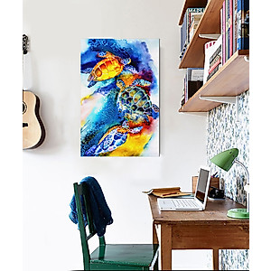 VVOVV Wall Decor Sea Turtle Canvas Wall Art Ocean Turtle Picture Wall Decor Blue Bathroom Art Painting Canvas Prints, Framed Ready to Hang 24"x36"