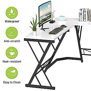 DORPU L-Shaped Corner Desk, Computer Gaming Table Desk 60 inch, Modern Writing Study Table Desk for Home Office, Simple Style White PC Desk with Metal Frame, Space-Saving, Easy to Assemble