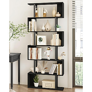 Yusong S Shaped Bookshelf, Modern Geometric Bookcase, 6-Tier Black Display Case Book Shelf