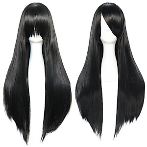 ANOGOL Hair Cap+32Inch/80cm Long Straight Black Wig Cosplay Synthetic Wig Long Black Wig with Bangs Peluca Negra Cosplay Wig for Halloween Anime Hair for Women Costume Party