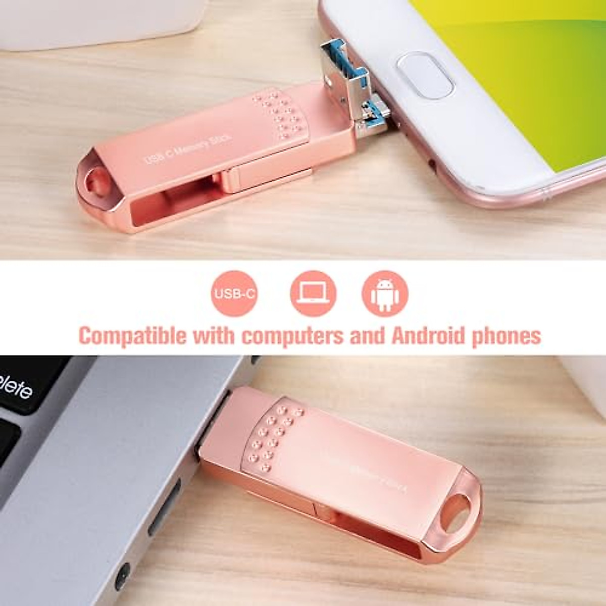 USB Flash Drive 1TB USB C Thumb Drive Phone Photo Stick 3in1 USB 3.1 Memory Stick External Storage Richwell for Android Devices,Computers and MacBook USB C-1TB AZ Pink