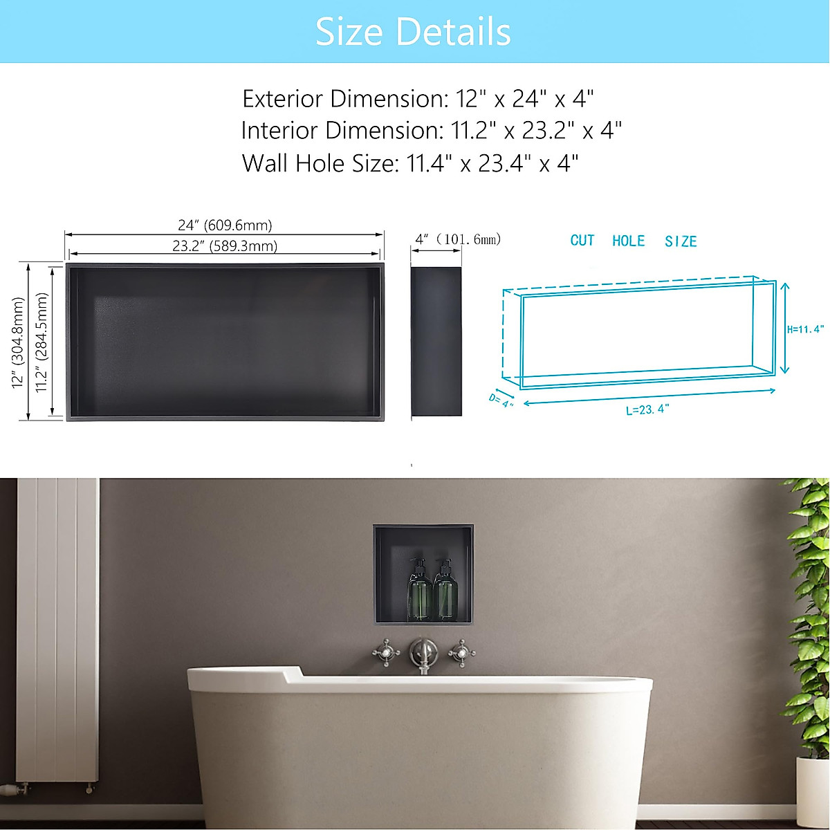 Dorzom Shower Niche 12 x 24, Stainless Steel Shower Niche Shelf No Tile Needed Recessed Shower Niche for Bathroom Storage Bathroom Niche Shelf for Shower Wall, Black