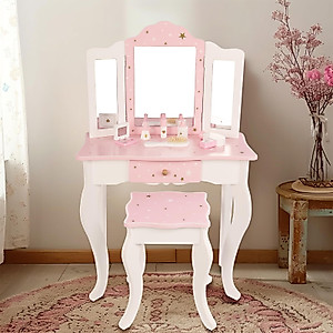 Kids Wooden Play Vanity Set with Vanity Table and 6 pcs Makeup Accessories, Tri-Fold Mirror, Storage Drawer and Matching Stool, Beauty Makeup Vanity Table and Chair Set for Toddlers (Pink)
