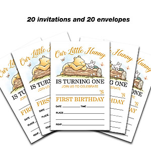 Dolimifa Classic Winnie the Pooh 1st Birthday Invitations Fill in Style Our Little Hunny is Turning One First Birthday Invites, 20 Count With Envelopes