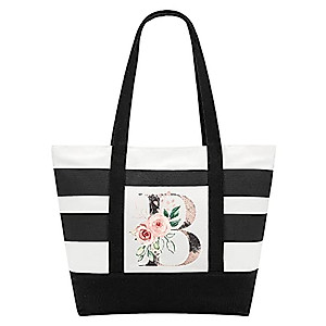 PARBEE Initial Canvas Tote Bag, Stripe & Floral Monogrammed Tote Bag with Pocket Top Zipper, Large Beach Bags Monogram Gift for Women Bridal Shower Wedding Birthday Mom Teachers, B