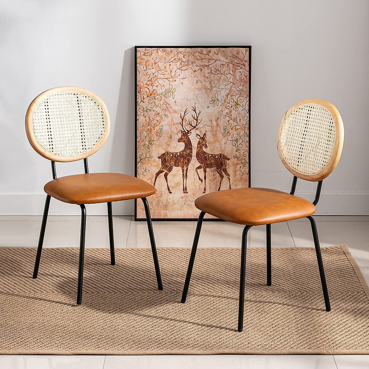 Soohow Faux Leather Indoor Kitchen Set of 2 with Rattan Backrest Modern Industrial Upholstered mid Century Metal Chair Set of 4 Suitable for Dining Room, 2 pcs, Whiskey Brown