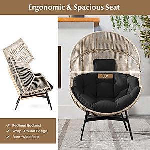 Tangkula Oversized Egg Style Chair, Wicker Stationary Patio Egg Chair w/Cushions & Headrest, Heavy-Duty Metal Frame, Patio Lounge Basket Sofa Chair for Yard, Porch, Living Room