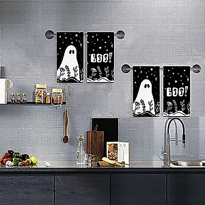 Halloween Kitchen Towels Halloween Ghost Floral Halloween Dish Towels Set of 2, Spooky Holiday Hand Towel 18x26 Inch Drying Cloth Towel for Kitchen Home Decoration