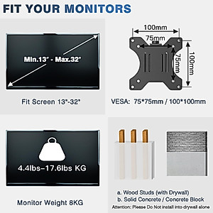 ErGear Single Monitor Wall Mount for 13 to 32 Inch Computer Screens, Gas Spring Wall Monitor Arm Holds up to 17.6lbs, Adjustable Wall Monitor Mount with Tilt/Swivel/Rotation, VESA 75x75/100x100mm