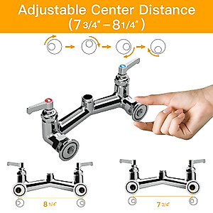FAUAID Commercial Sink Faucet with Sprayer 25" Height 8" Adjustable Center 10" Swing Spout,Brass Constructed Wall Mount Commercial Faucet with Pull Down Pre-Rinse Sprayer for 1/2 Compartment Sink（25"）