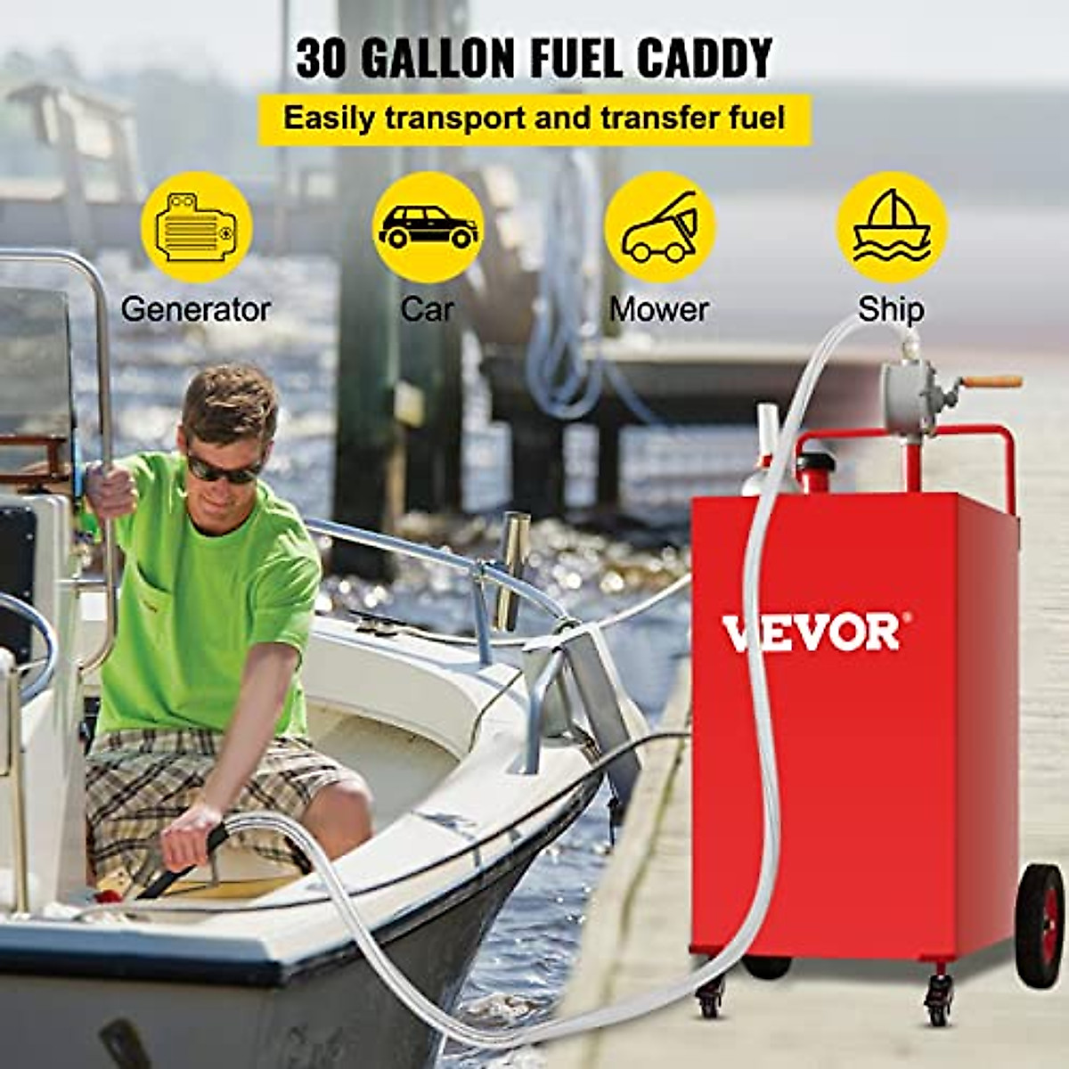 VEVOR 30 Gallon Fuel Caddy, Gas Storage Tank & 4 Wheels, with Manuel Transfer Pump, Gasoline Diesel Fuel Container for Cars, Lawn Mowers, ATVs, Boats, More, Red